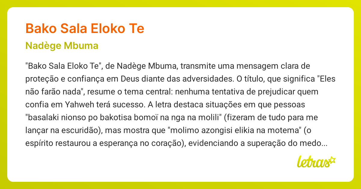Significado da música BAKO SALA ELOKO TE (Nadège Mbuma) - LETRAS.MUS.BR