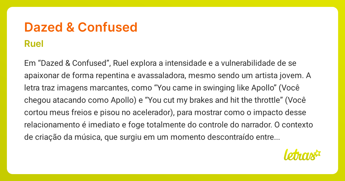 Significado da música DAZED & CONFUSED (Ruel) - LETRAS.MUS.BR