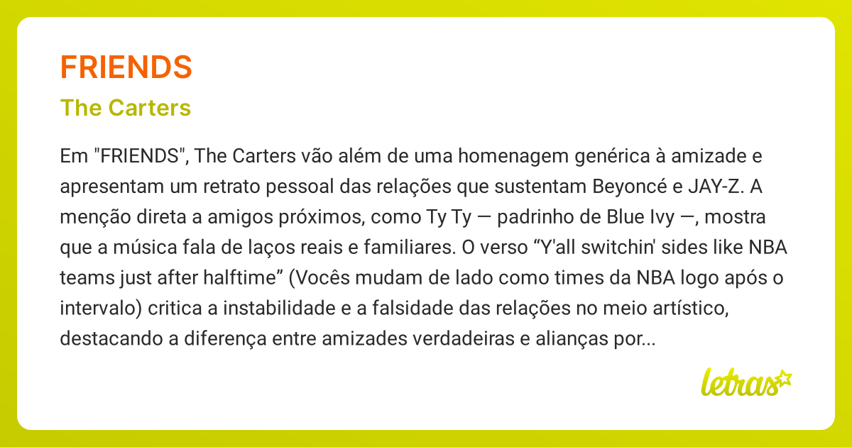 Significado da música FRIENDS (The Carters) - LETRAS.MUS.BR