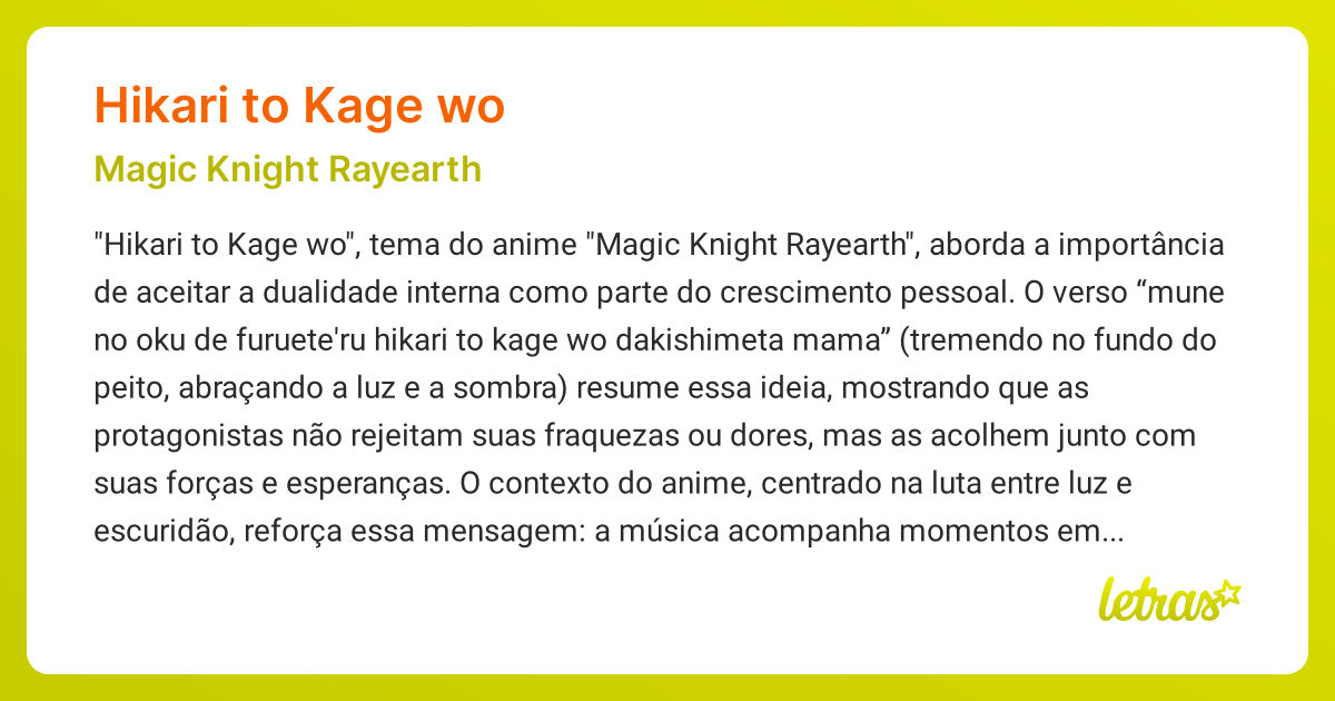 Significado da música HIKARI TO KAGE WO (Magic Knight Rayearth ...