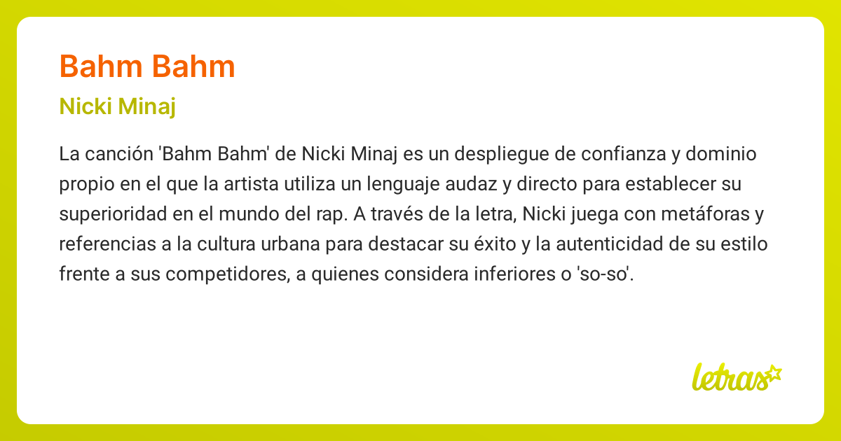 Significado de la canción BAHM BAHM (Nicki Minaj) - LETRAS.COM
