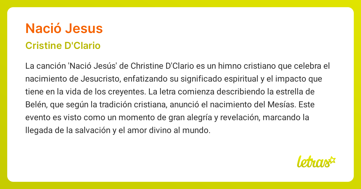 Significado de la canción NACIÓ JESUS (Cristine D'Clario) - LETRAS.COM