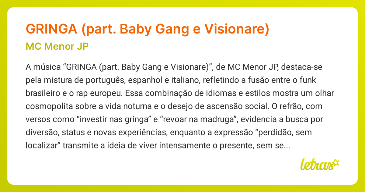 Significado da música GRINGA (part. Baby Gang e Visionare) (MC Menor JP ...