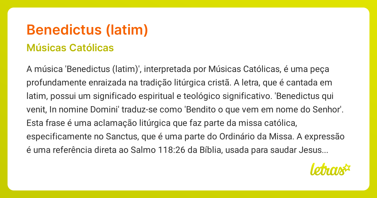 Significado da música BENEDICTUS (LATIM) (Músicas Católicas) - LETRAS ...