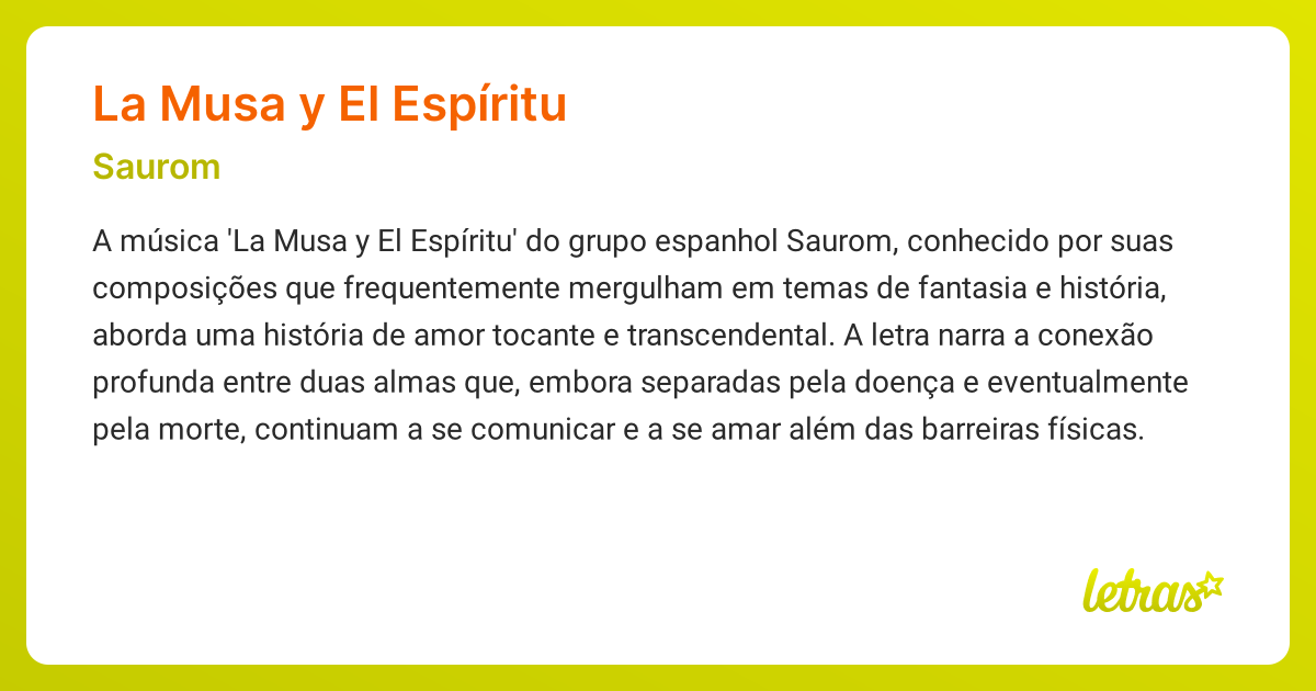 Significado da música LA MUSA Y EL ESPÍRITU (Saurom) - LETRAS.MUS.BR