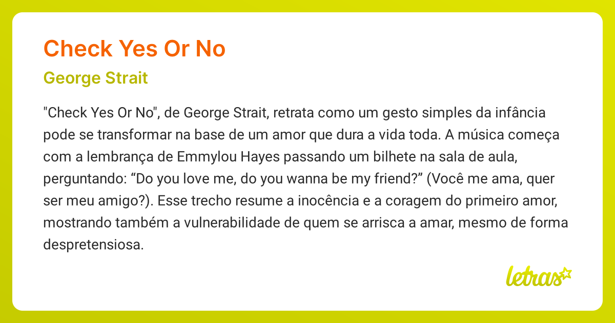 Significado da música CHECK YES OR NO (George Strait) - LETRAS.MUS.BR
