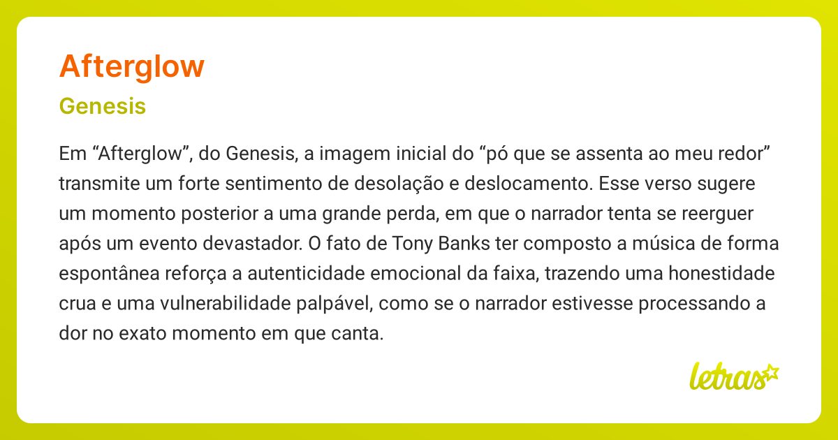 Significado da música AFTERGLOW (Genesis) - LETRAS.MUS.BR