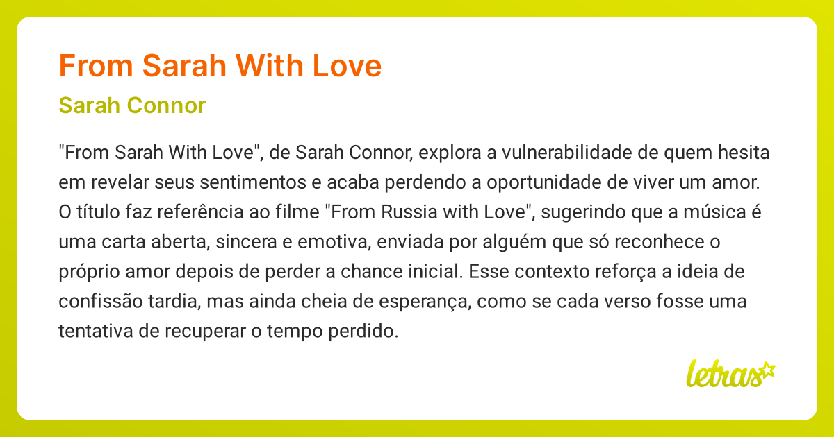 Significado da música FROM SARAH WITH LOVE (Sarah Connor) - LETRAS.MUS.BR