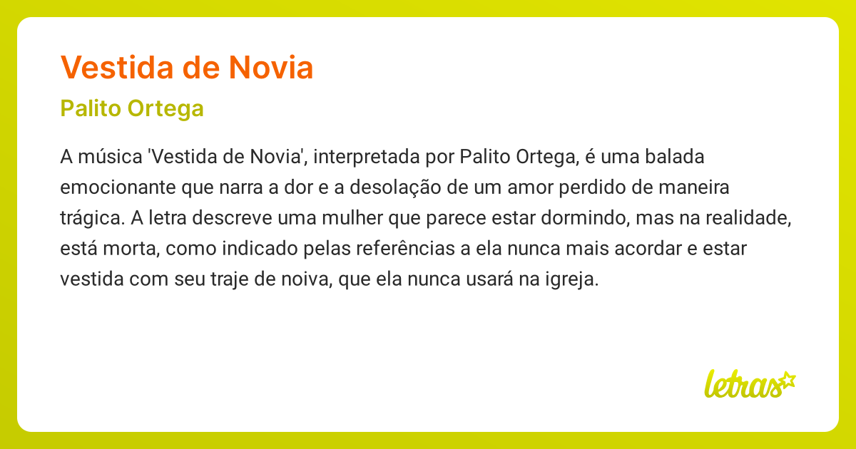 Significado da música VESTIDA DE NOVIA (Palito Ortega) - LETRAS.MUS.BR