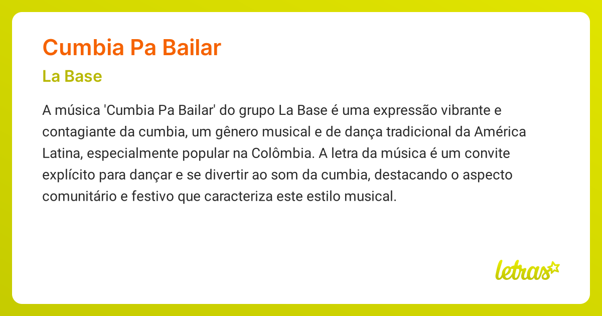 Significado da música CUMBIA PA BAILAR (La Base) - LETRAS.MUS.BR