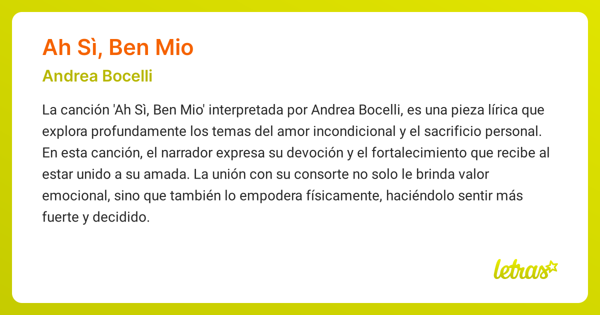 Significado de la canción AH SÌ, BEN MIO (Andrea Bocelli) - LETRAS.COM