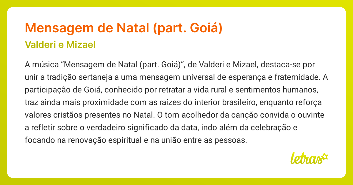 Significado da música Mensagem de Natal (part. Goiá) (Valderi e Mizael ...