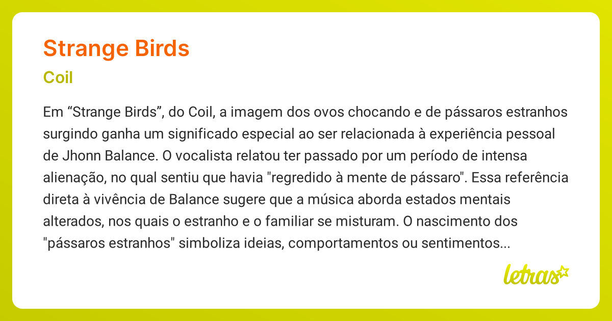 Significado da música STRANGE BIRDS (Coil) - LETRAS.MUS.BR