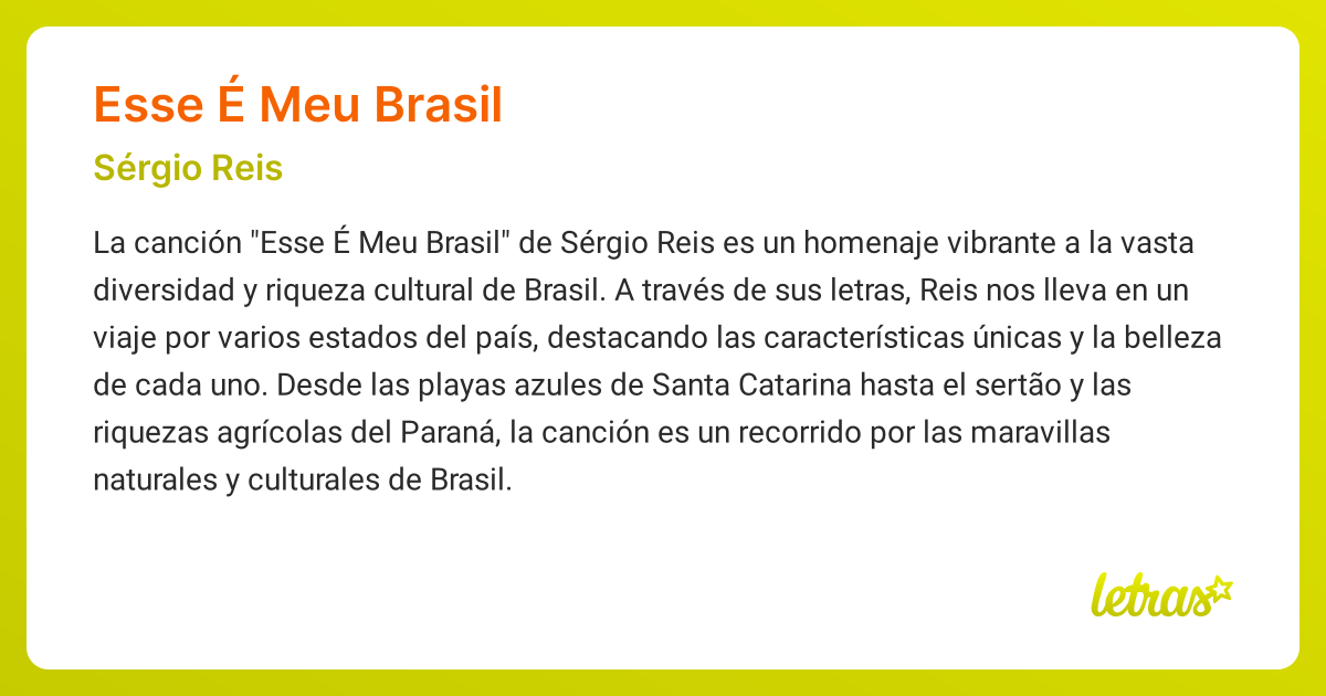 Significado de la canción ESSE É MEU BRASIL (Sérgio Reis) - LETRAS.COM