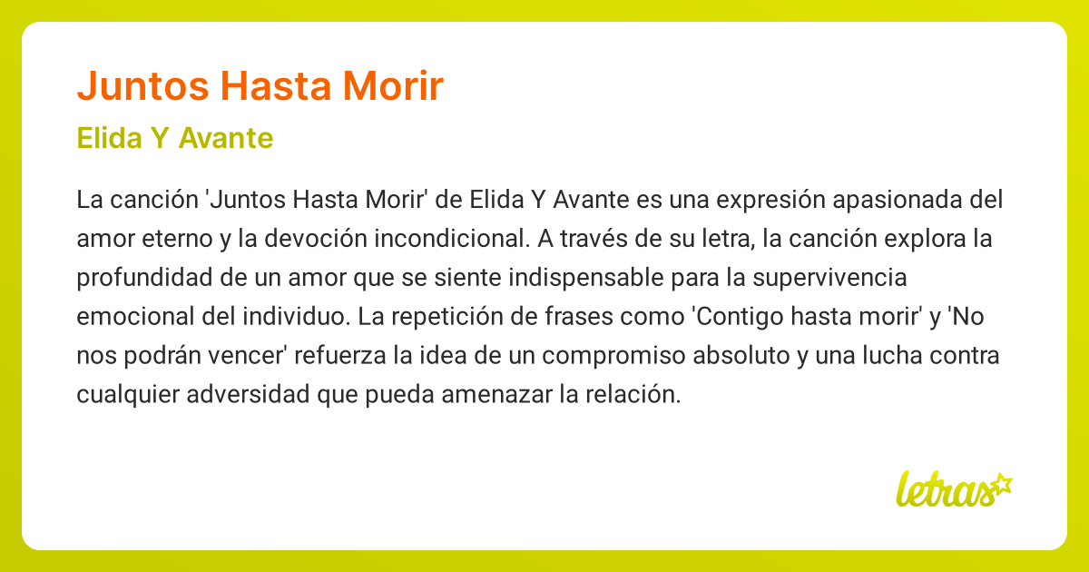 Significado de la canción JUNTOS HASTA MORIR (Elida Y Avante) - LETRAS.COM