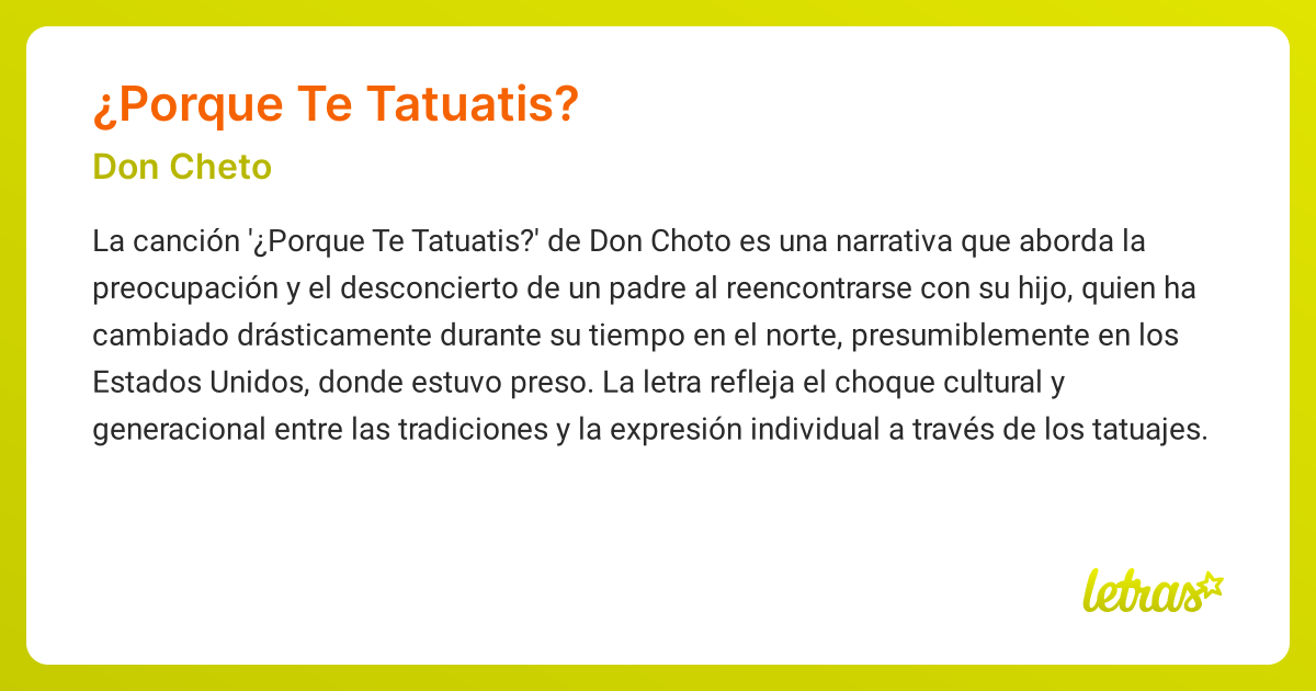 Significado de la canción ¿PORQUE TE TATUATIS? (Don Cheto) - LETRAS.COM