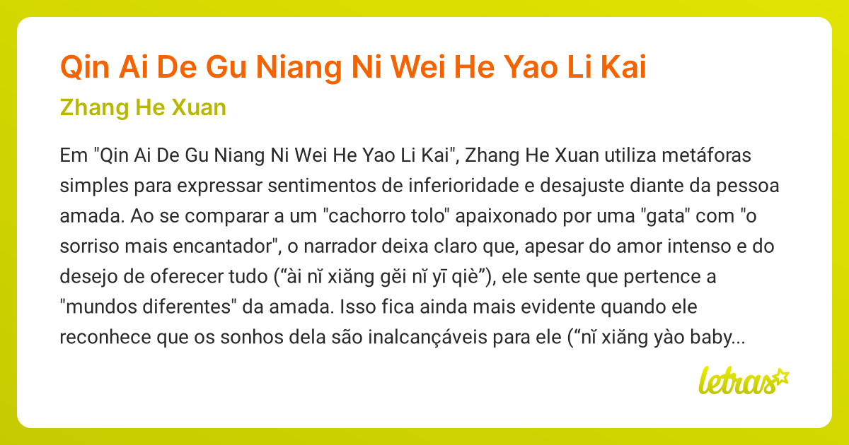 Significado da música Qin Ai De Gu Niang Ni Wei He Yao Li Kai (Zhang He ...
