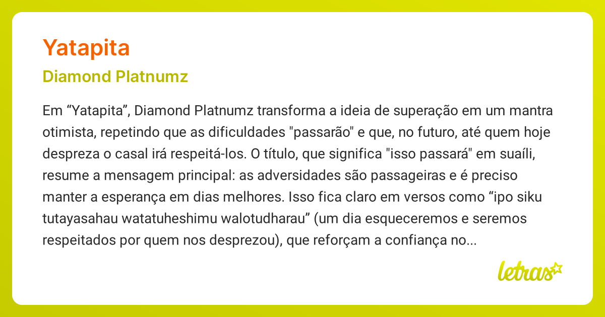 Significado da música YATAPITA (Diamond Platnumz) - LETRAS.MUS.BR