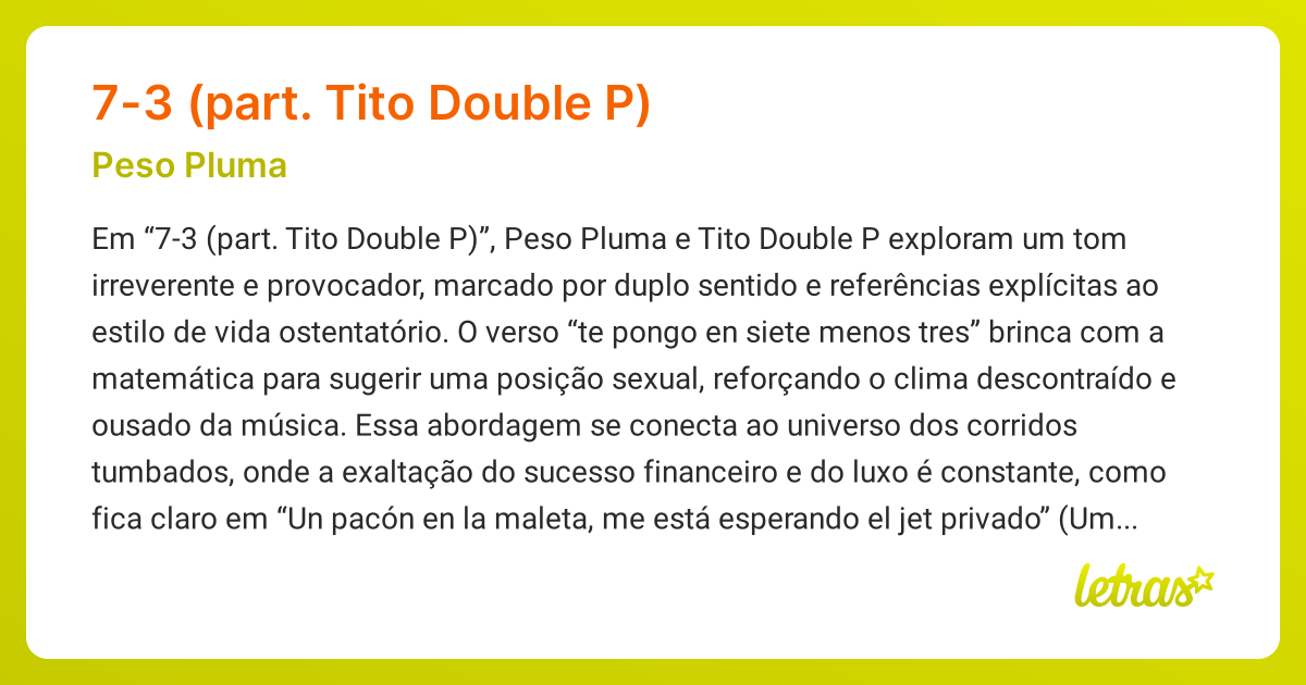 Significado da música 7-3 (PART. TITO DOUBLE P) (Peso Pluma) - LETRAS ...