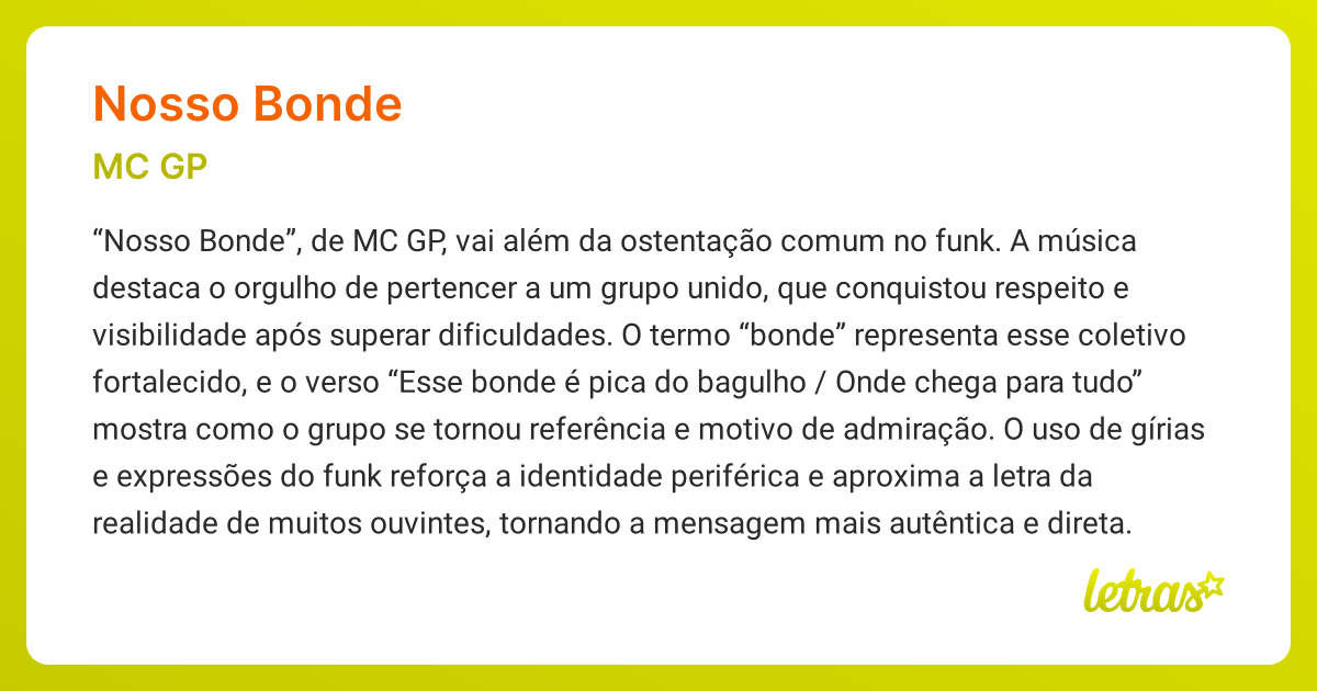 Significado da música NOSSO BONDE (MC GP) - LETRAS.MUS.BR