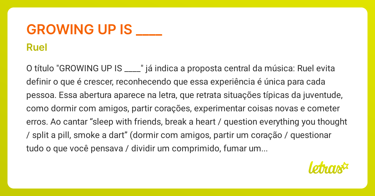 Significado da música GROWING UP IS ____ (Ruel) - LETRAS.MUS.BR