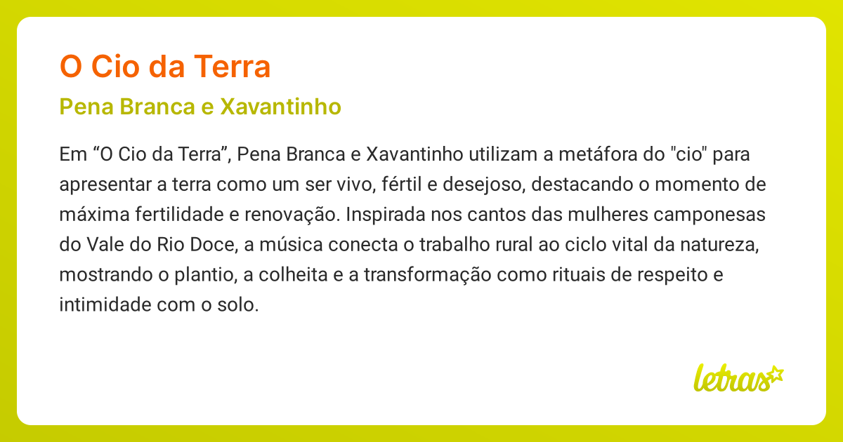 Significado da música O CIO DA TERRA (Pena Branca e Xavantinho ...