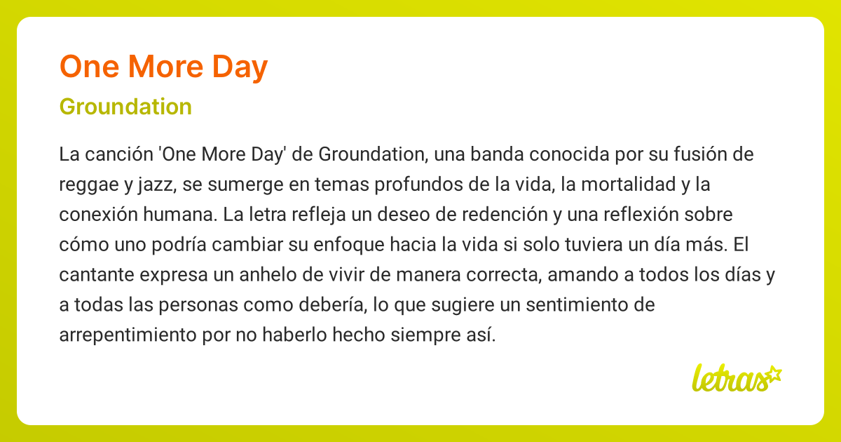 Significado de la canción ONE MORE DAY (Groundation) - LETRAS.COM