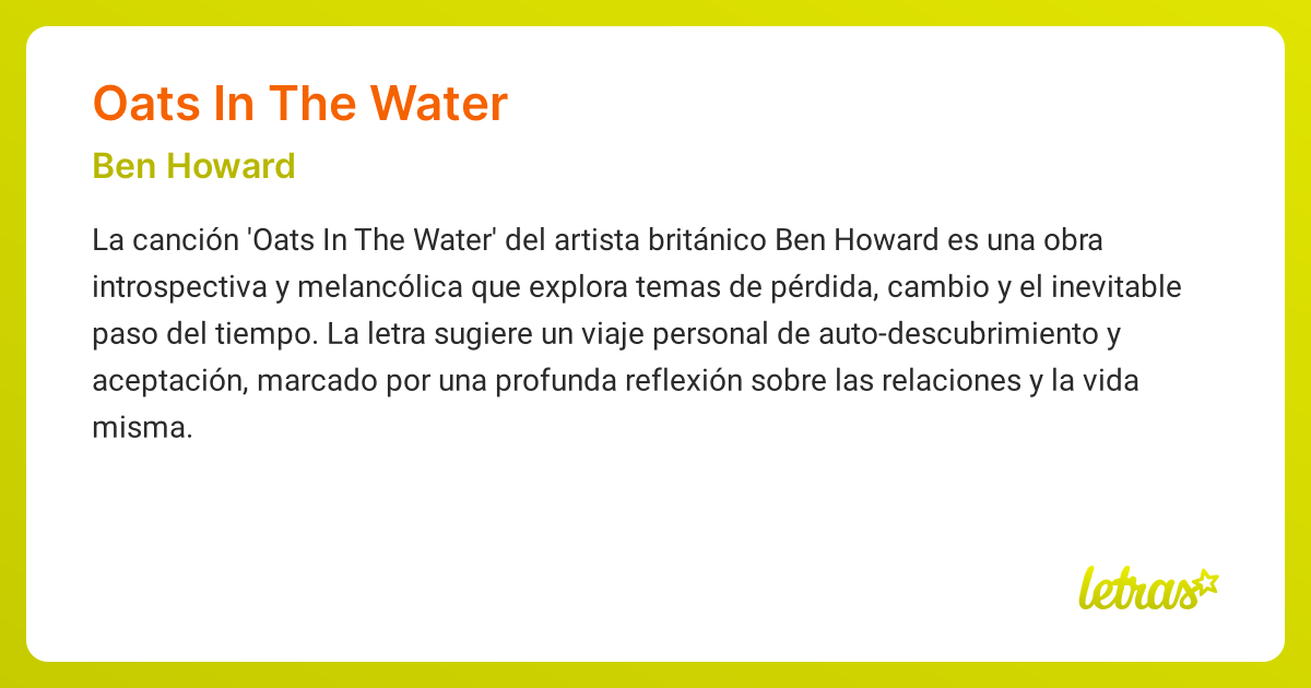 Significado de la canción OATS IN THE WATER (Ben Howard) - LETRAS.COM