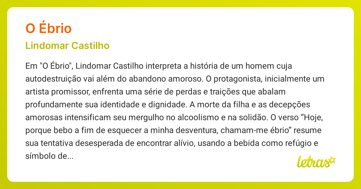 Significado da música O ÉBRIO (Lindomar Castilho) - LETRAS.MUS.BR