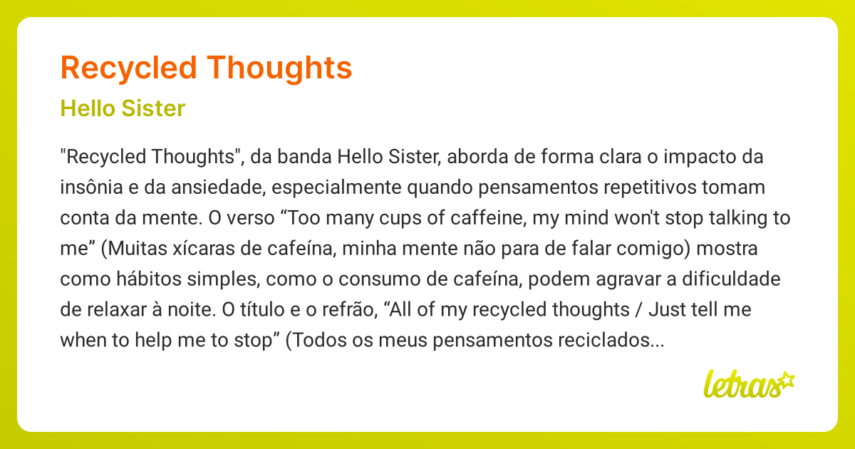 Significado da música RECYCLED THOUGHTS (Hello Sister) - LETRAS.MUS.BR