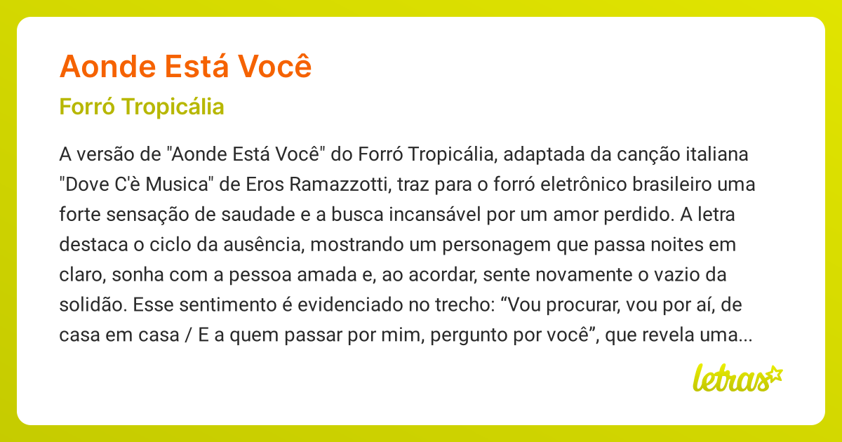 Significado da música AONDE ESTÁ VOCÊ (Forró Tropicália) - LETRAS.MUS.BR