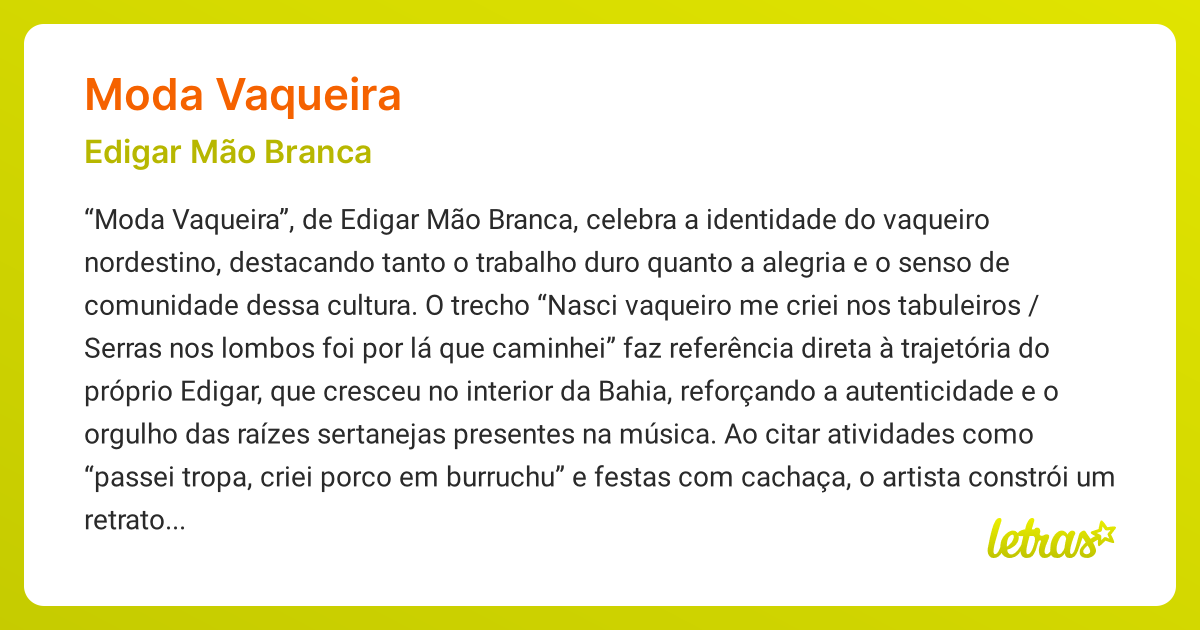 Significado da música MODA VAQUEIRA (Edigar Mão Branca) - LETRAS.MUS.BR
