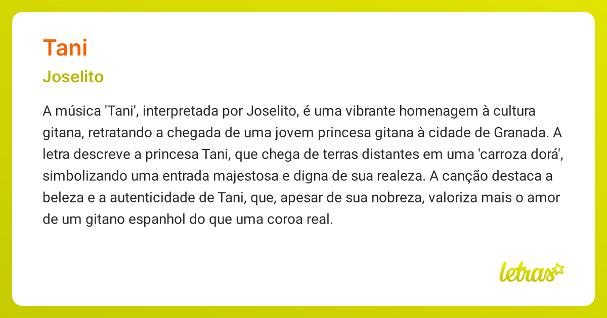 Significado da música TANI (Joselito) - LETRAS.MUS.BR