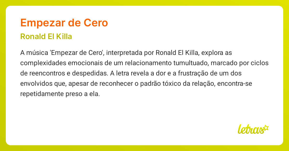 Significado da música EMPEZAR DE CERO (Ronald El Killa) - LETRAS.MUS.BR