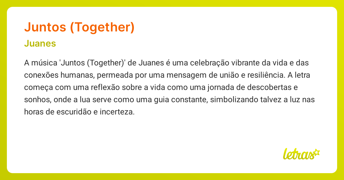 Significado da música JUNTOS (TOGETHER) (Juanes) - LETRAS.MUS.BR