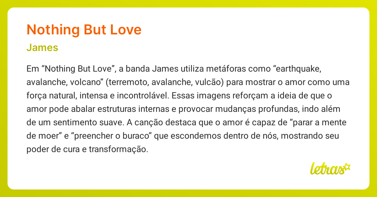 Significado da música NOTHING BUT LOVE (James) - LETRAS.MUS.BR