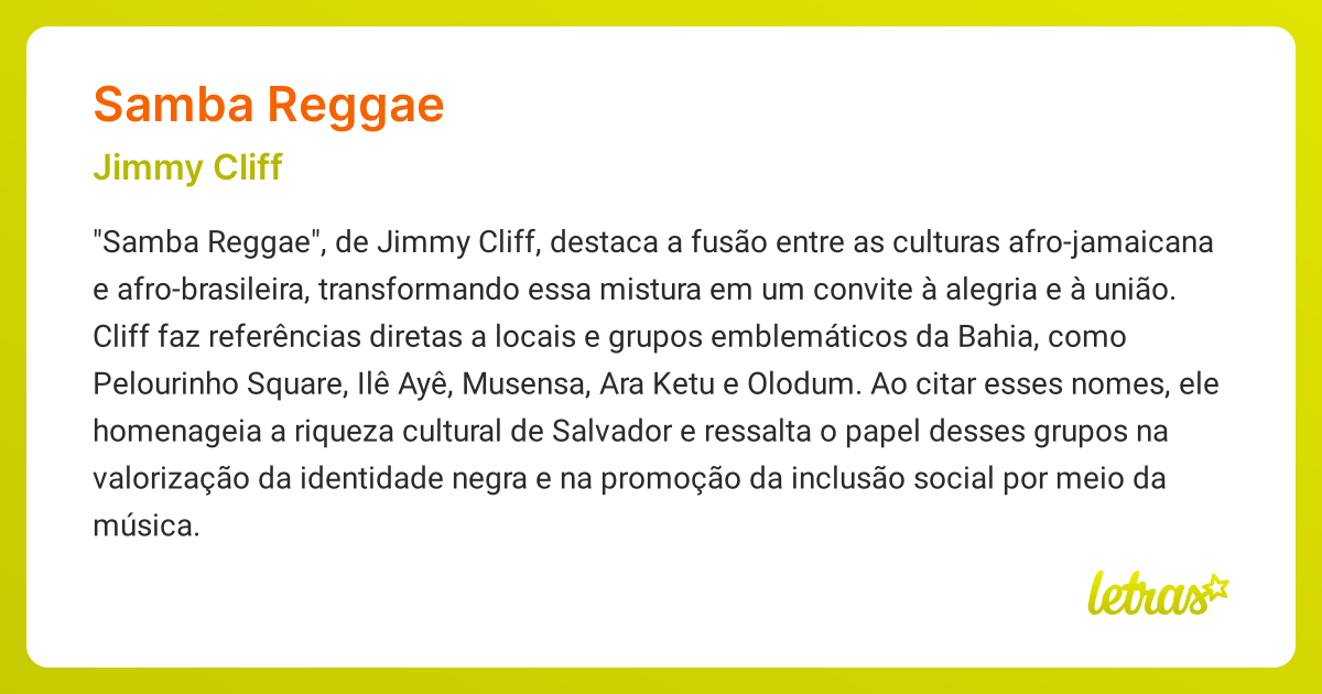 Significado da música SAMBA REGGAE (Jimmy Cliff) - LETRAS.MUS.BR
