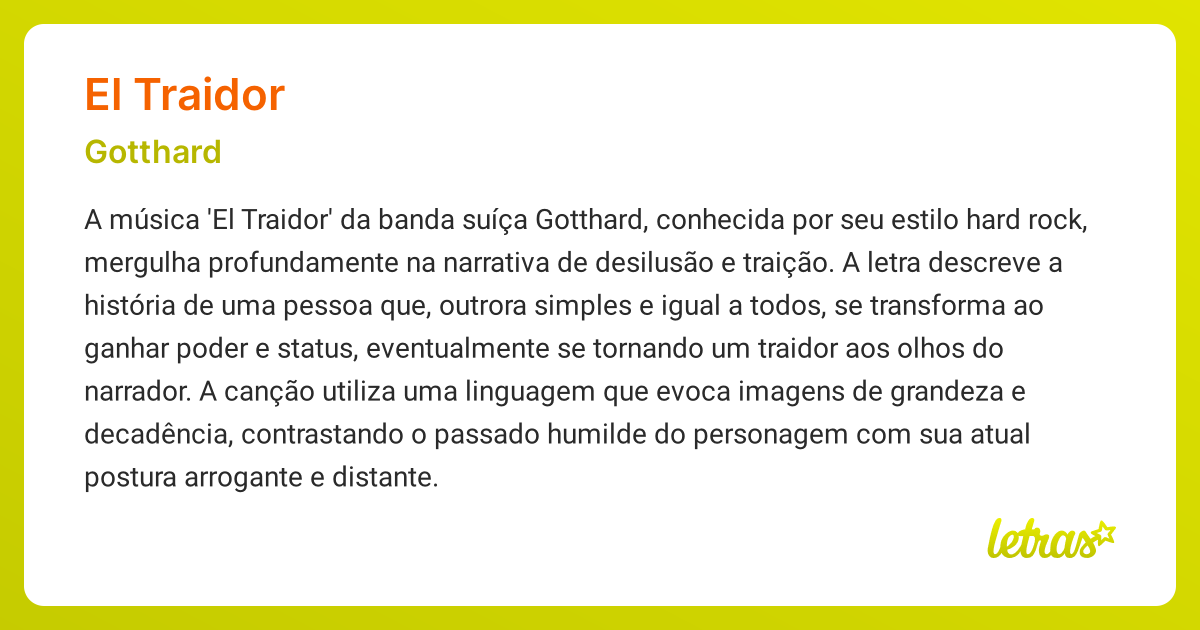 Significado da música EL TRAIDOR (Gotthard) - LETRAS.MUS.BR