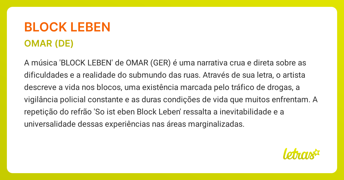 Significado da música BLOCK LEBEN (OMAR (DEU)) - LETRAS.MUS.BR