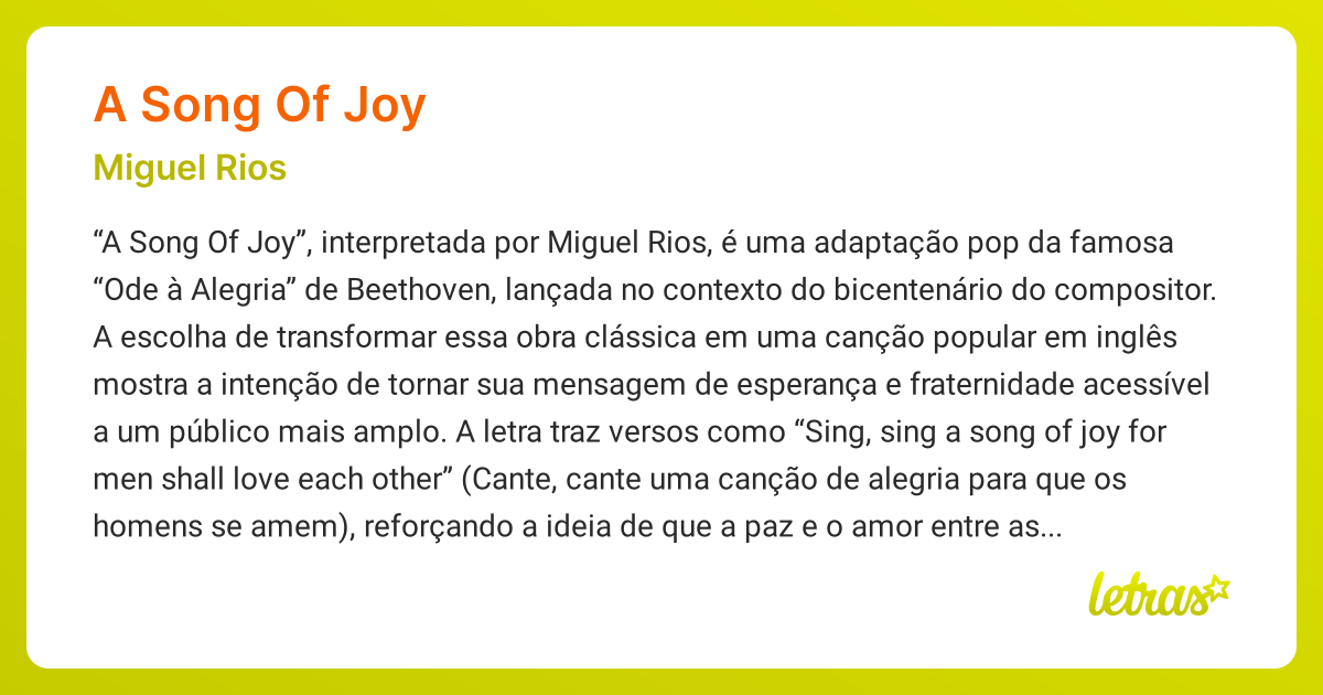 Significado da música A SONG OF JOY (Miguel Rios) - LETRAS.MUS.BR