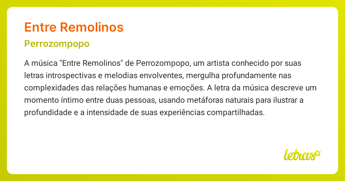 Significado da música ENTRE REMOLINOS (Perrozompopo) - LETRAS.MUS.BR