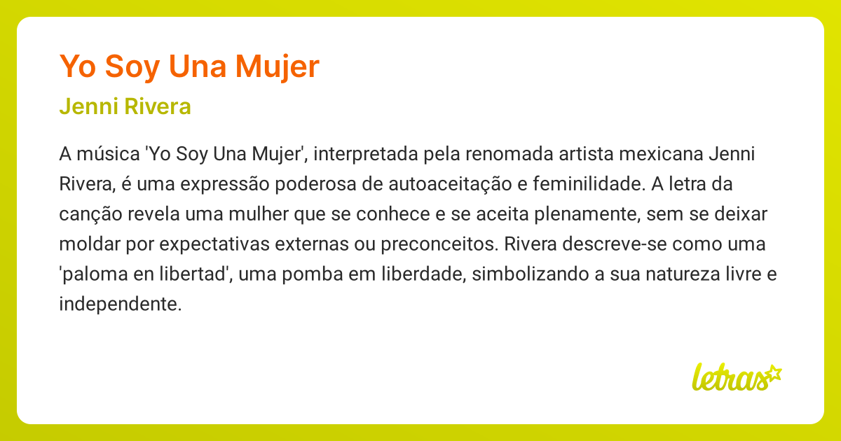 Significado da música YO SOY UNA MUJER (Jenni Rivera) - LETRAS.MUS.BR