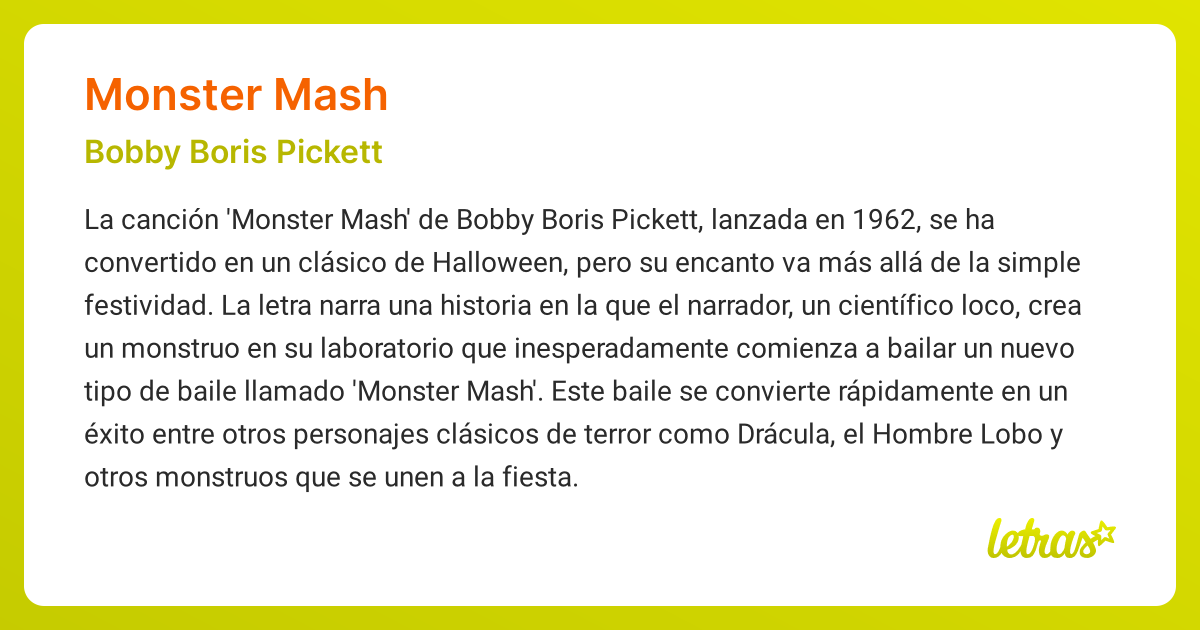Significado de la canción MONSTER MASH (Bobby Boris Pickett) - LETRAS.COM