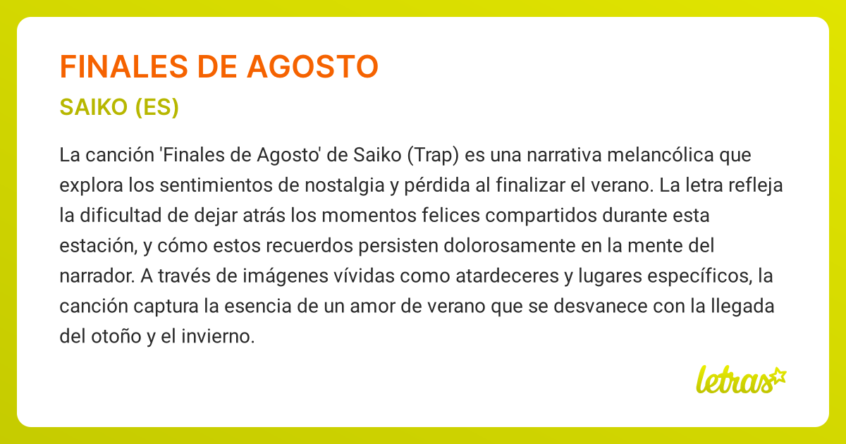 Significado de la canción FINALES DE AGOSTO (SAIKO (ES)) - LETRAS.COM