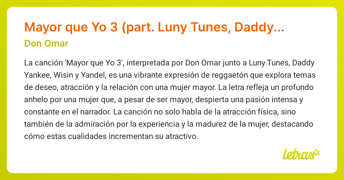 Significado de la canción Mayor que Yo 3 (part. Luny Tunes, Daddy ...