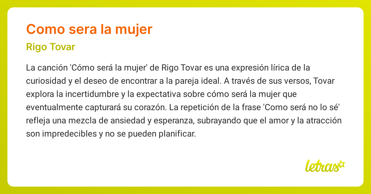 Significado de la canción COMO SERA LA MUJER (Rigo Tovar) - LETRAS.COM
