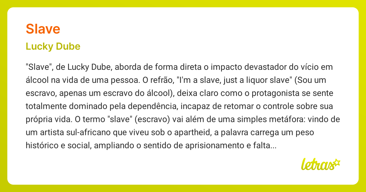 Significado da música SLAVE (Lucky Dube) - LETRAS.MUS.BR
