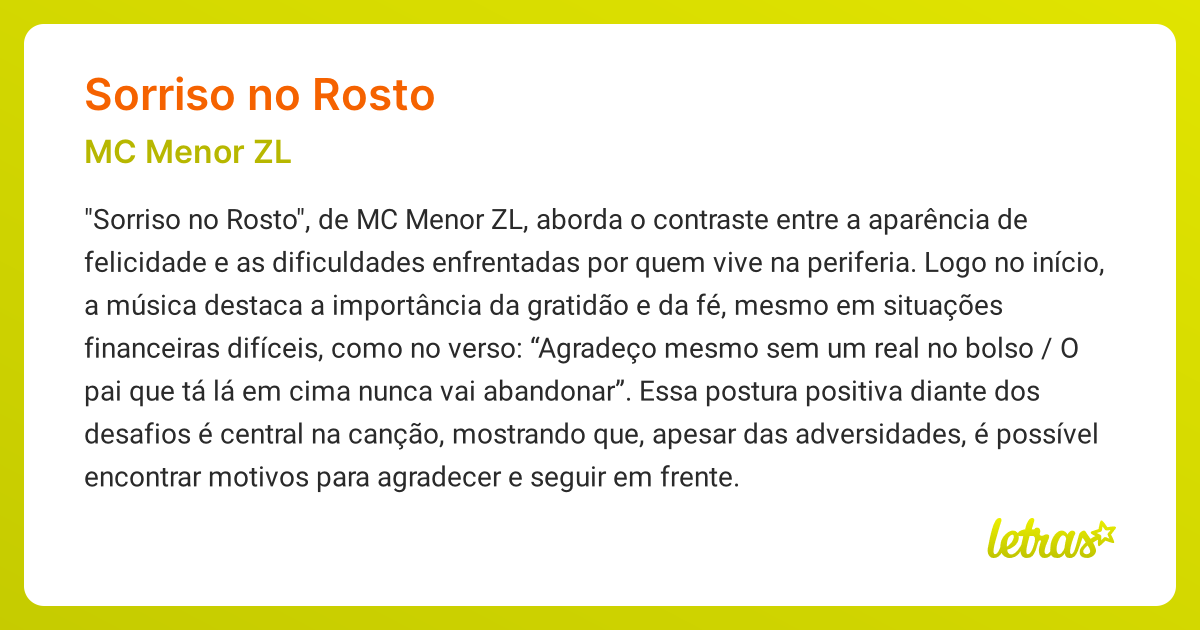Significado da música SORRISO NO ROSTO (MC Menor ZL) - LETRAS.MUS.BR