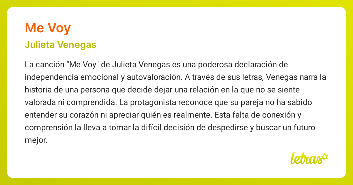 Significado de la canción ME VOY (Julieta Venegas) - LETRAS.COM