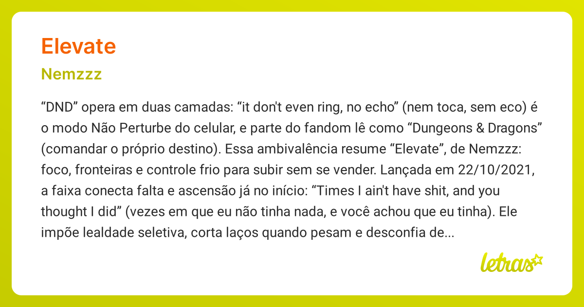 Significado da música ELEVATE (Nemzzz) - LETRAS.MUS.BR